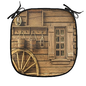 Lunarable Western Chair Cushion Pads Set 12, Old Wagon Wheel Next to Rustic Wooden House Vintage Window Buckets Cottage Print, Anti-Slip Seat Padding for Kitchen & Patio, 16"x16", Olive Green