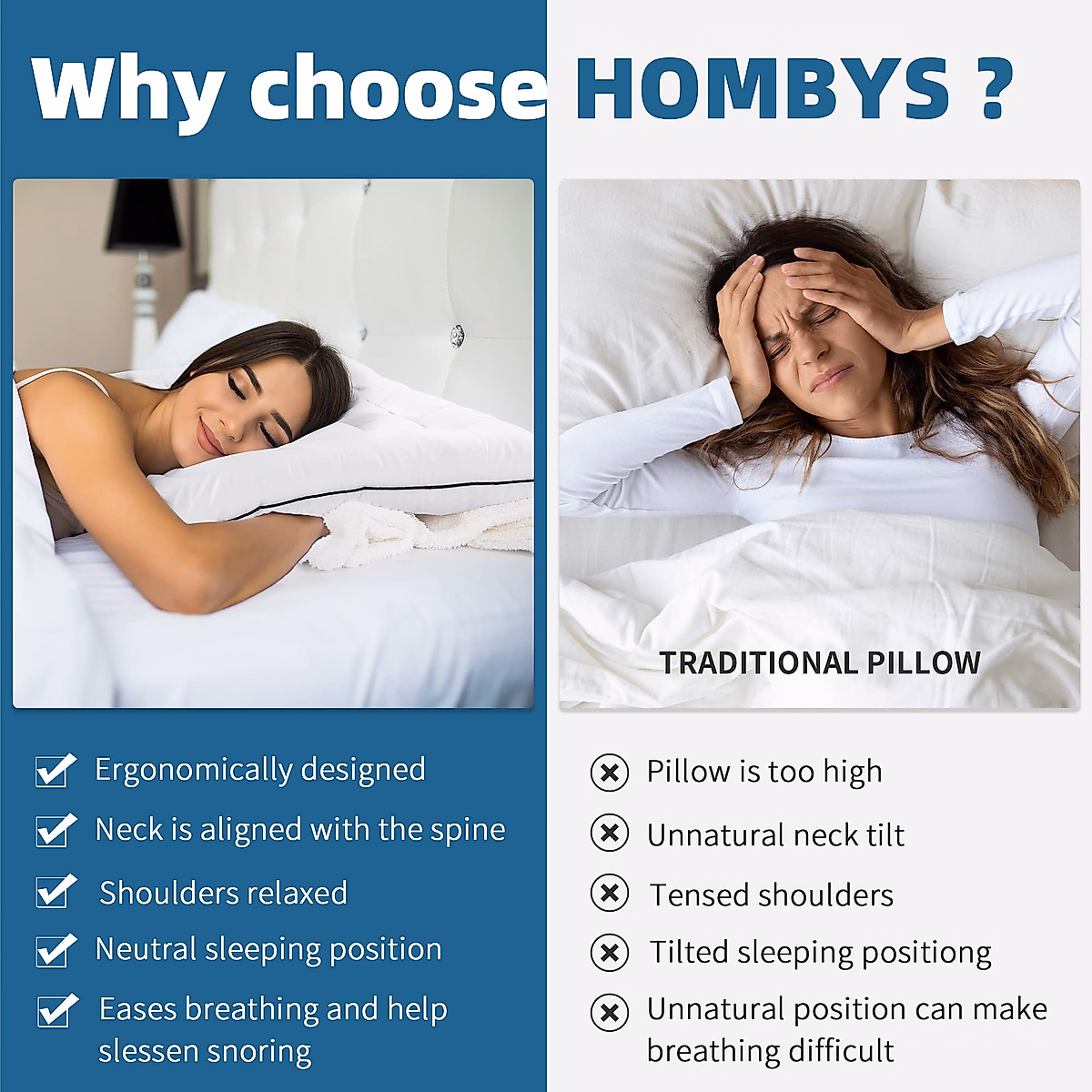 HOMBYS Ultra Thin Flat Bed Pillow for Stomach and Back Sleepers,Standard Size Down Alternative Cervical Pillow for Neck Pain, 100% Cotton Shell, White,2.5 inch