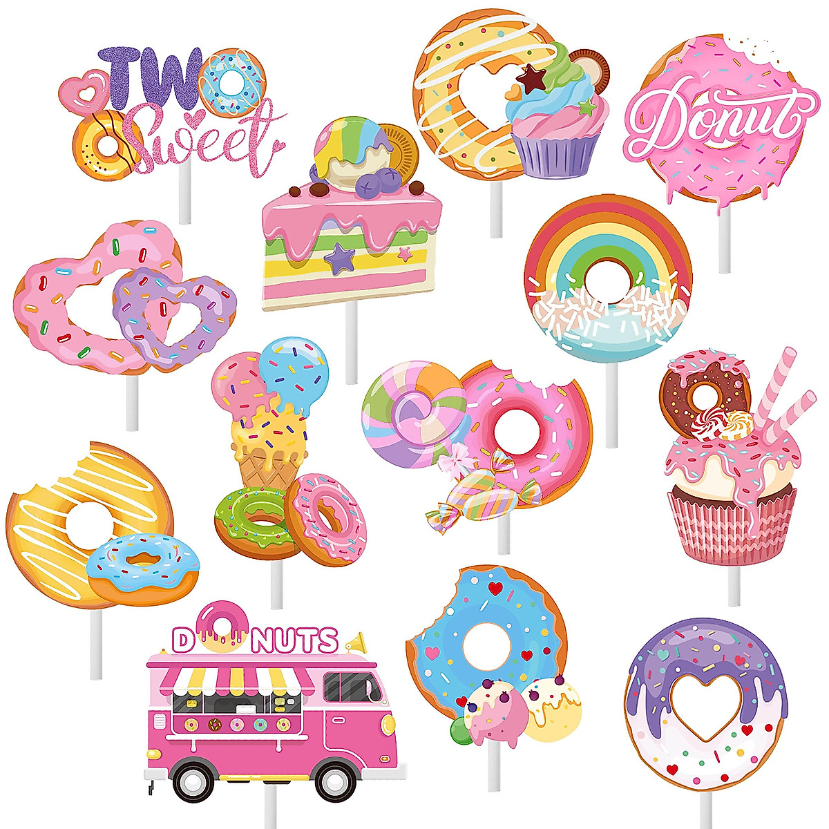 36pcs Donut Cupcake Toppers - Donut Birthday Party Supplies - Grow Up Theme - 2nd Birthday Cake Topper Decorations