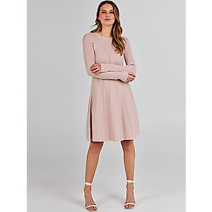 ANRABESS Women Midi Sweater Dress Long Sleeve Crewneck High Waist Casual A-Line Pleated Dresses Pink Small