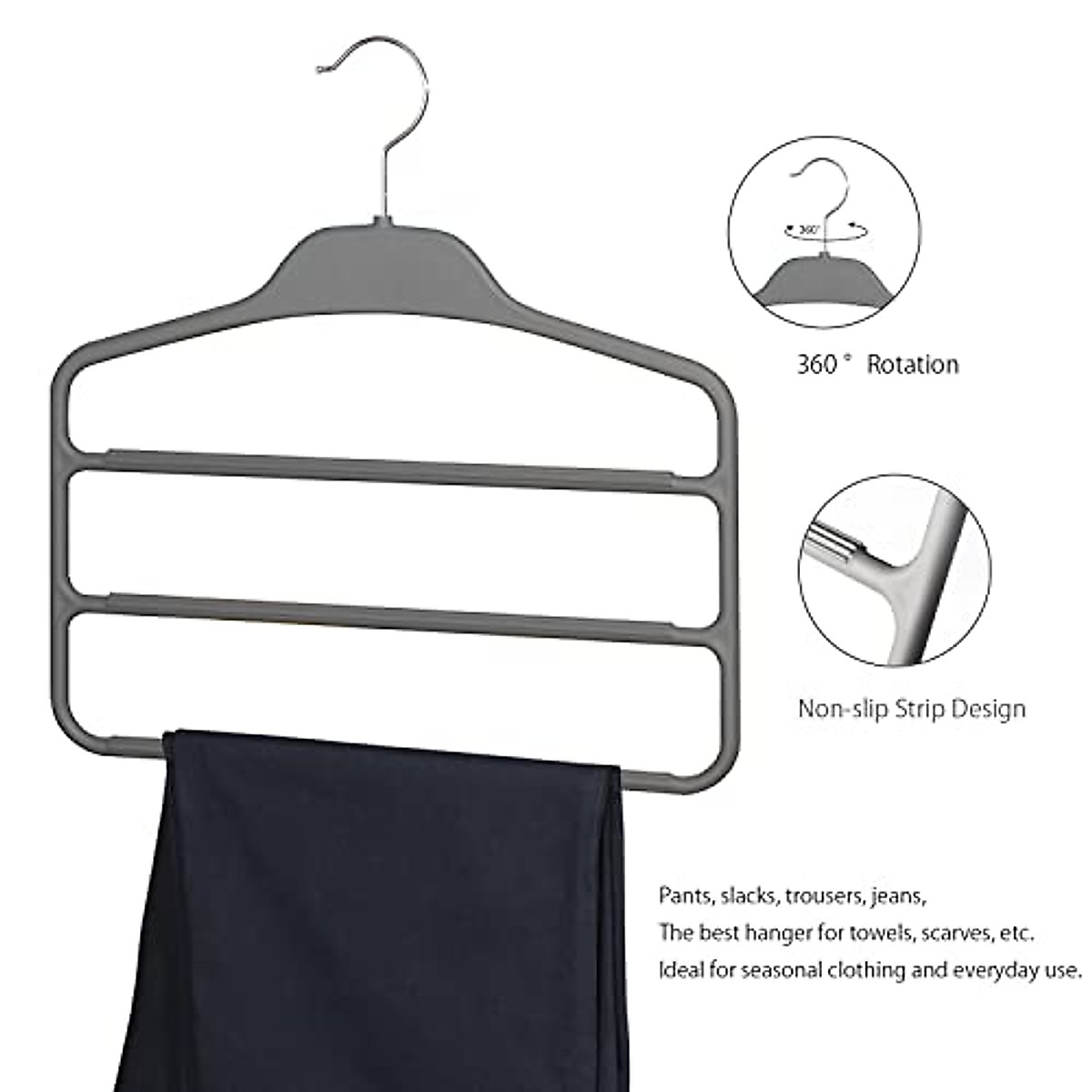 CQQDOQ Pants Hangers 3 Pack Space Saving Multi-Layer Pants Hanger Non-Slip Rotating Closet Organizer Hangers for Pants Jeans Scarf Tie Clothes Trousers Towels - Grey
