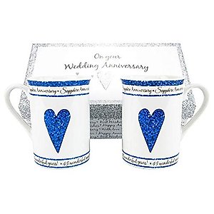 Beautifully Designed 45th Sapphire Wedding Anniversary Set of Ceramic Mugs with Hearts | Dishwasher and Microwave Safe with Decorative Keepsake Box