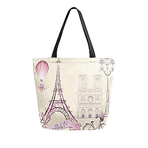 ZZKKO Paris Love Canvas Tote Grocery Bag Shoulder Casual Book Bag Large for Women Teachers, Eiffel Towel Cotton Bag Shopping Purse Handbag Reusable Multipurpose Use