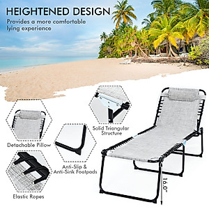 Tangkula Foldable Beach Lounge Chair for Outside, Sunbathing Chair with Removable Headrest, 4-Position Adjustable Backrest, Portable Tanning Chaise Lounger for Yard, Patio, Beach, Camping (1, Grey)
