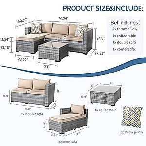 Shintenchi Patio Furniture Sets 3 Pieces Outdoor Sectional Sofa Silver All-Weather Rattan Wicker Sofa Small Patio Conversation Couch with Washable Cushion and Glass Table(Khaki)