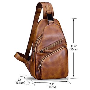 Genuine Leather Sling Bag Chest Shoulder Hiking Backpack Vintage Handmade Crossbody Daypack (Brown)