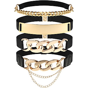 Zhanmai 4 Pieces Belts for Women Metal Gold Stretch Waist Belt Skinny Wide Chain Belt Elastic Belt for Dress