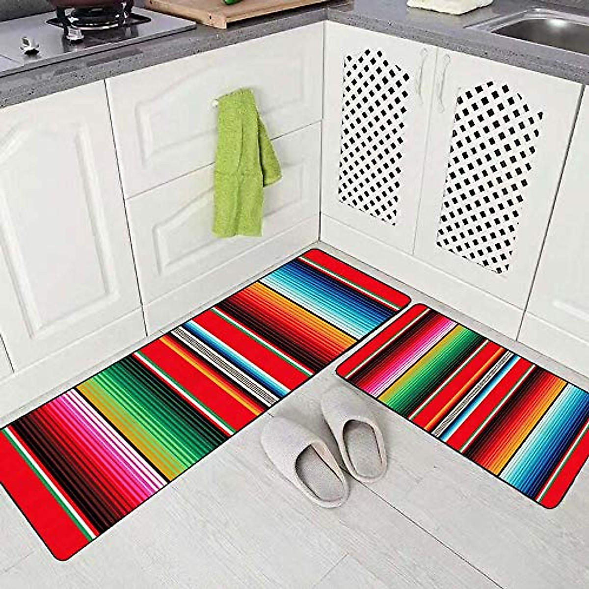 Gesmatic Red Kitchen Rugs, 2 Piece Mat Kitchen Rug 17"X48" 17"X24" Mexican Rug Pattern Serape Stripes Detail Background with Colors Non-Slip Striped Kitchen Rug
