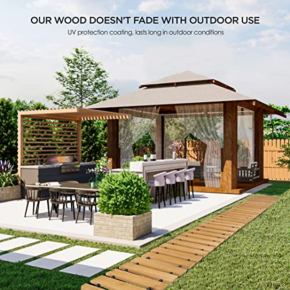 Garden Pathway Wooden Garden Pathway Garden Path Pavers for Outside Walkway with Weather Resistant UV Protected Woods to Roll Out in Outdoor Garden Beach Boardwalk Wedding Party 8Ft Wooden Pathway