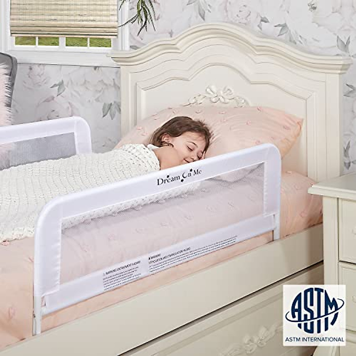 Dream On Me Adjustable Mesh Bed Rail in White, Two Height Levels, Breathable & Durable Fabric, Lightweight and Portable Bed Rail for Toddlers