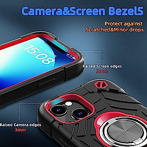 KCJ for iPhone 13 Mini case/iPhone 12 Mini case 5.4 Inch with Ring Holder, with 2 Pack Screen Protector + 1 Pack Camera Lens Protector,Heavy-Duty Military Grade Protector Cover. (Black+Red)