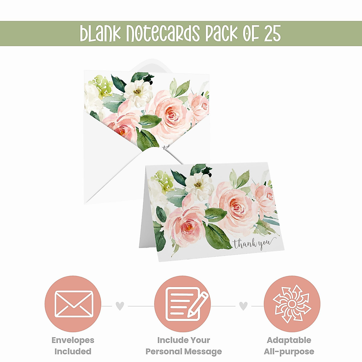 Paper Clever Party Graceful Floral Thank You Cards for Bridal Shower, Wedding, Any Occasion, Blank Notecards with Envelopes Set, Folded Notes, 25 Pack