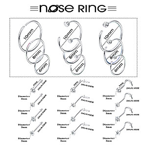 VALDEAS 21Pcs 20G Nose Rings Hoops 316L Stainless Steel Nose Rings for Women Assorted Shapes Cubic Zirconia Nose Studs Set A