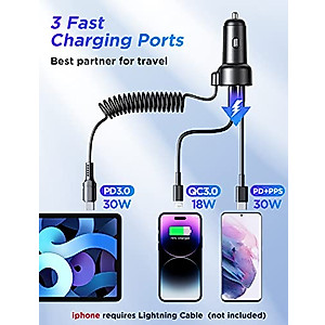 USB C Car Charger, 60W Super Fast Car Charger PD& QC3.0 with 5ft 30W Super Fast Type C Coiled Cable, Car Charger for Samsung Galaxy S23/S22/S21/Google Pixel/Moto/LG/Android, iPad Pro
