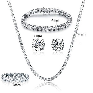 Gemsme 18K White Gold Plated Tennis Necklace/Bracelet/Earrings/Band Ring Sets Pack of 4 (10)