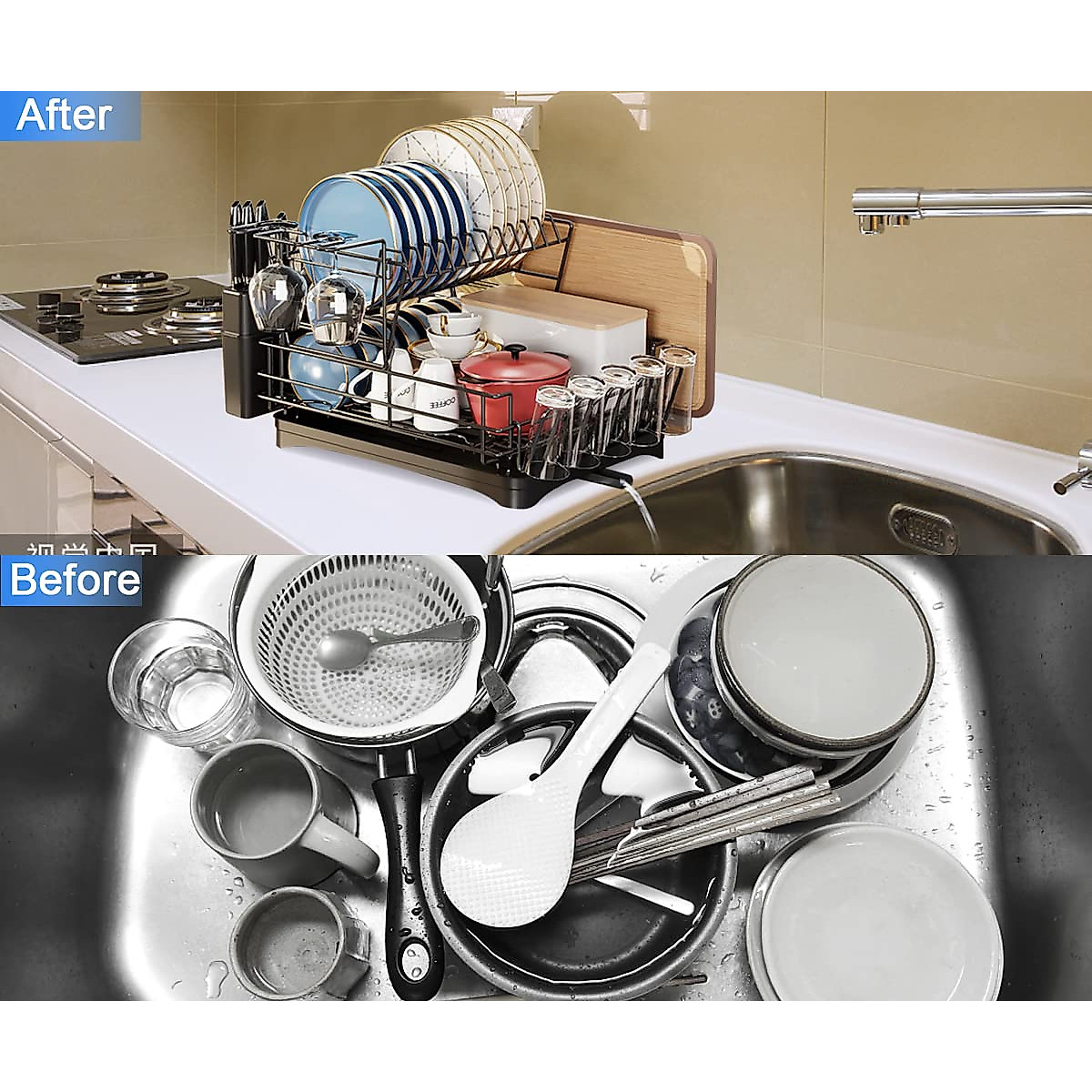 RayLove Large Dish Drying Rack for Kitchen Counter, 2 Tier Dish Drying Rack with Drainboard, Utensil Holder and Detachable Dish Drainer Organizer Shelf (Black)