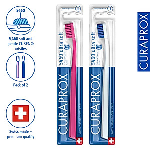 Curaprox CS 5460 Extra-Soft Toothbrushes for Adults, Sensitive-Gum-Safe Ultra-Fine Filaments and Compact, Slightly Angled Toothbrush Head for Improved Tooth and Gum Health, Pack of 2