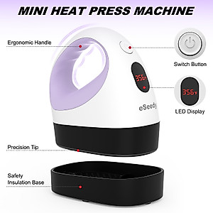 eSeedy Mini Heat Press Machine, 3 Heat Settings, Precise Temperature Control,15 Mins Auto-Off, Insulated Safety Base, Mini Iron for Crafting, T Shirts, Hats, Heating Transfer Projects
