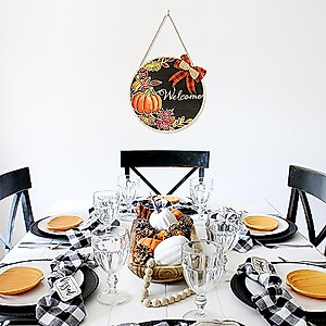 CHDITB Fall Decoration 3D Welcome Front Door Sign Home Decor(11.4”x11.4”), Pumpkin Welcome Sign with Maple Leaves Hazelnuts Plaid Bow, Thanksgiving Farmhouse Wreath for Front Door Porch Outdoor