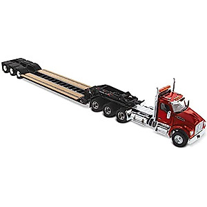 Diecast Masters Kenworth T880 SFFA Tractor Truck - Red | Day Cab with XL 120 Low-Profile HDG Trailer | Outrigger Style with Jeep & 2 Boosters | 1:50 Scale Model Semi Trucks | Diecast Model 71061
