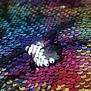 ShinyBeauty Rainbow to Silver Fabric by The Yard 1 Yards Mermaid Fabric Sequin Fabric Flip up Silver Reversible Fabrics for Sewing Glitter Material Cutting Dress/Clothing/Party Decor