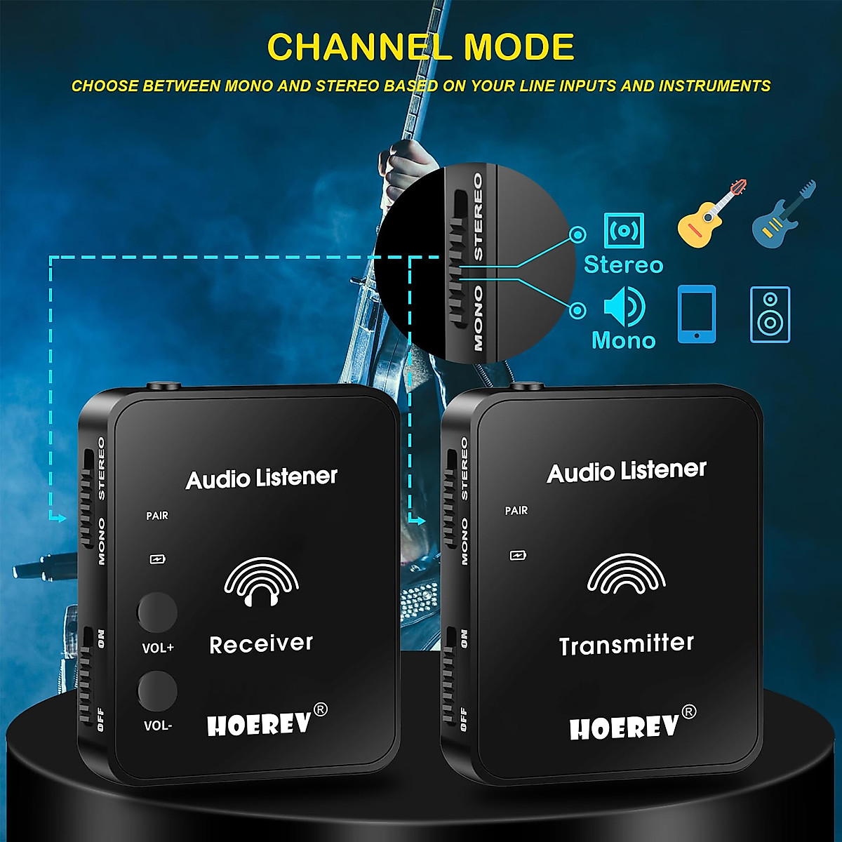 Hoerev Wireless in Ear Monitor System Studio Equipment Professional System Transmitter Guitar System with Rechargeable Battery for Studio Band Rehearsal Live Performance Camera Record