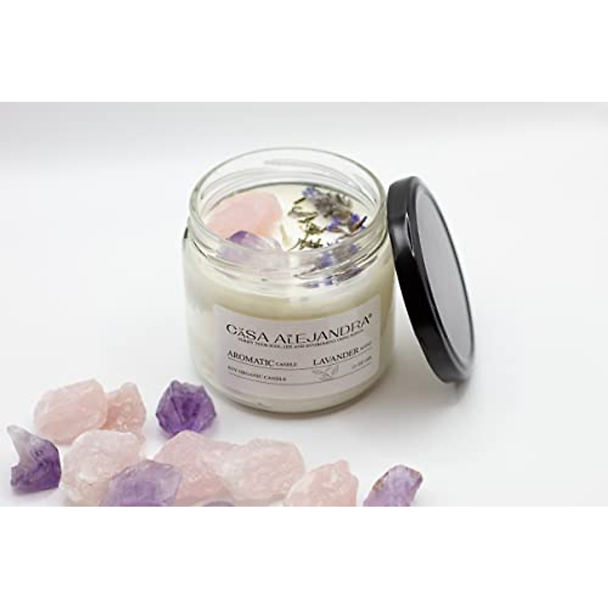 Lavander Aromatherapy Candle with Amethyst and Rose Quartz + Soy Wax + Scented Oil + Cinnamon Decoration + Quartz + Healing Crystal +12 oz. La CASA de ALEJANDRA