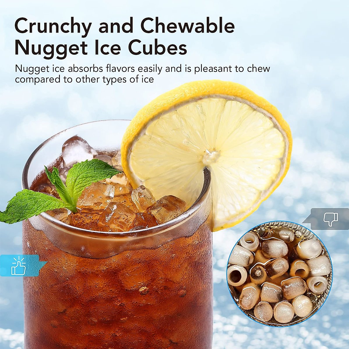 Zstar Nugget Ice Maker, Stainless Steel Countertop Ice Machine with 44Lbs/24H Output, Crunchy Sonic Ice Maker Machine, Self-Cleaning Portable Ice Maker with Freestanding Ice Scoop for Home,Office,Bar