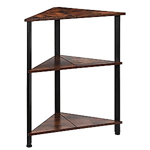 Corner Shelf Wood Storage Stand with Metal Frame, Multipurpose Shelving Unit for Small Space, Home Office, Rustic Brown