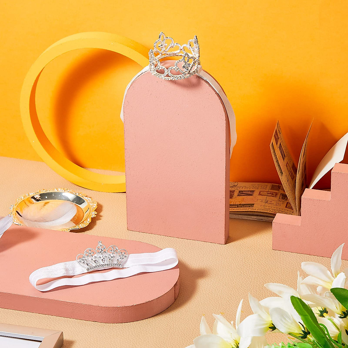 2 Pieces Baby Crown Baby Tiara baby crown headband baby girl crown Newborn Crown for Baby Girl infant tiara princess tiaras for little girls Birthday Elastic hair band Photography Outfits (Silver, White)