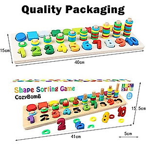 CozyBomb Wooden Number Puzzle Sorting Montessori Toys for 1 Year Old Toddlers - Shape Sorter Counting Game for age 3 4 5 year olds - Preschool Education Math Stacking Block Learning Wood Chunky Jigsaw