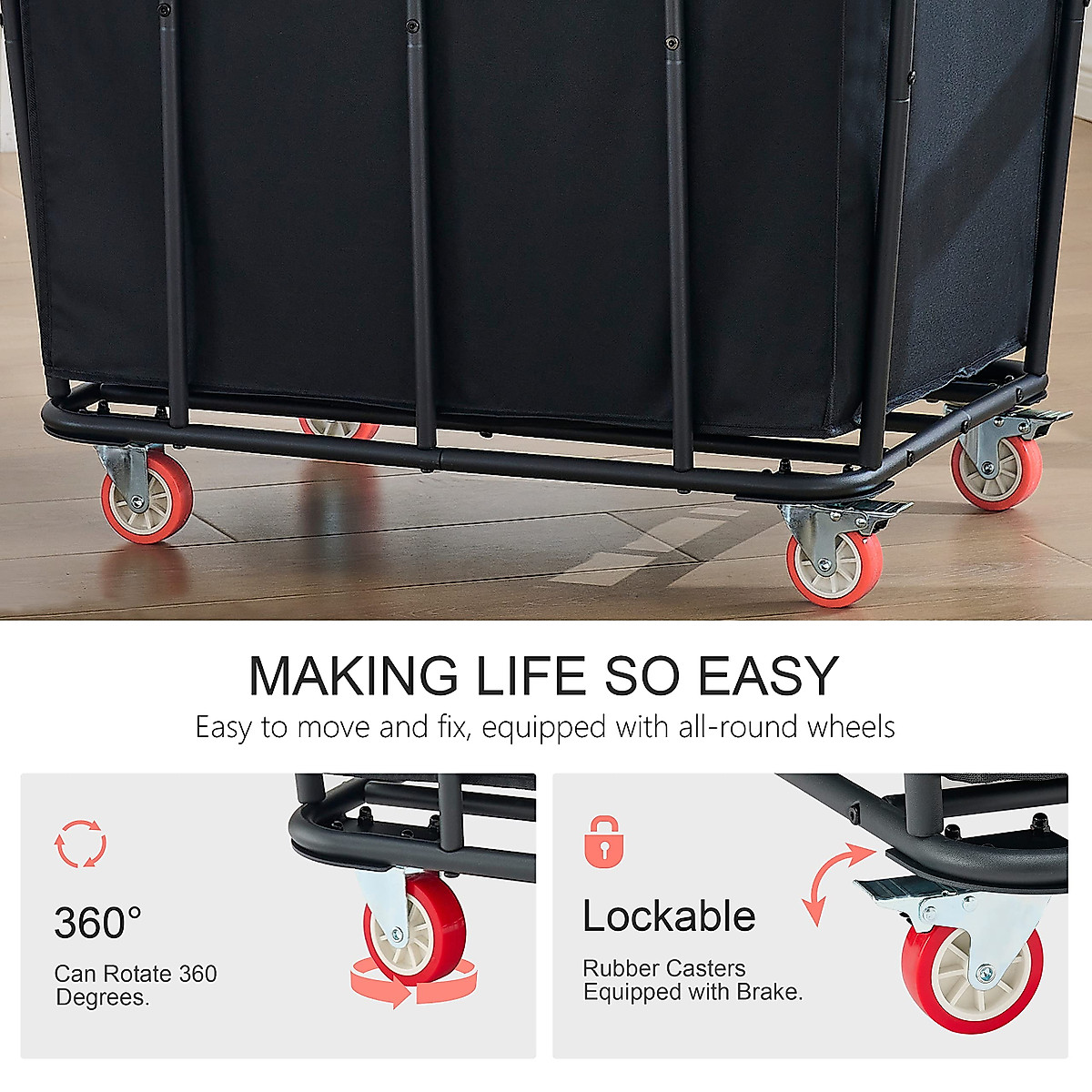 Hoctieon Large Rolling Laundry Hamper with Wheels, Laundry Sorter Cart for Clothes Storage, Durable Laundry Basket with Lockable Wheels, Heavy Duty Clothes Hamper for Laundry & Bedroom, Black