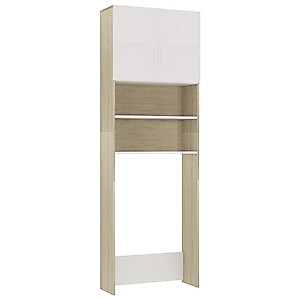 FAMIROSA Washing Machine Shelf, Washer Dryer Storage Shelf, Toilet Bathroom Cabinet above with 2 doors and 2 open compartments 25.2"x10"x74.8"White and Sonoma Oak