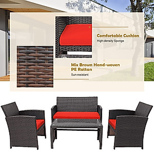 HAPPYGRILL Set of 4 Rattan Conversation Set Outdoor Wicker Furniture Set with Tempered Glass Coffee Table, Soft Cushions, Weather-Resistant Rattan Chair Set for Garden Backyard Poolside