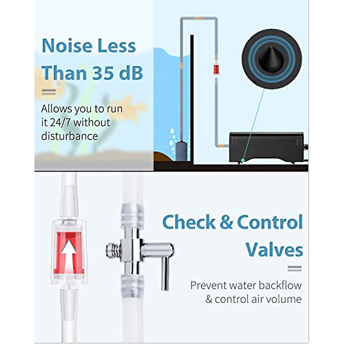 Pawfly Mini Aquarium Air Pump for 3-20 Gallon Nano Fish Tanks 15 GPH Oxygen Aerator Pump with Bracket Airline Tubing Air Stone Control Valve and Check Valve Accessories