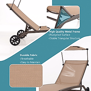 HAPPYGRILL Chaise Lounge with Wheels & Adjustable Canopy Shade, Outdoor Mobile Tanning Chair with Cup Holder, Recliner Chair for Patio Poolside Lawn Beach