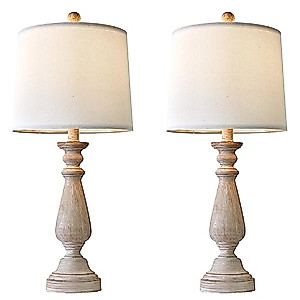 PORTRES 24.5" Mid Century Table Lamp Set of 2 for Living Room Farmhouse Linen Bedside Lamps for Bedroom Kids Room Dorm Office Rustic Lamps for End Table Nigntstand Resin