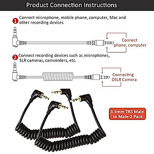 Aukeer 3.5mm Audio Cable, 2-Pack 30cm Mini Coiled 3.5mm Headphone Cable, 90 Degree 1/8" 3.5mm TRS Jack Male to Male Stereo Aux Audio Coiled Cord (Up to 50cm)