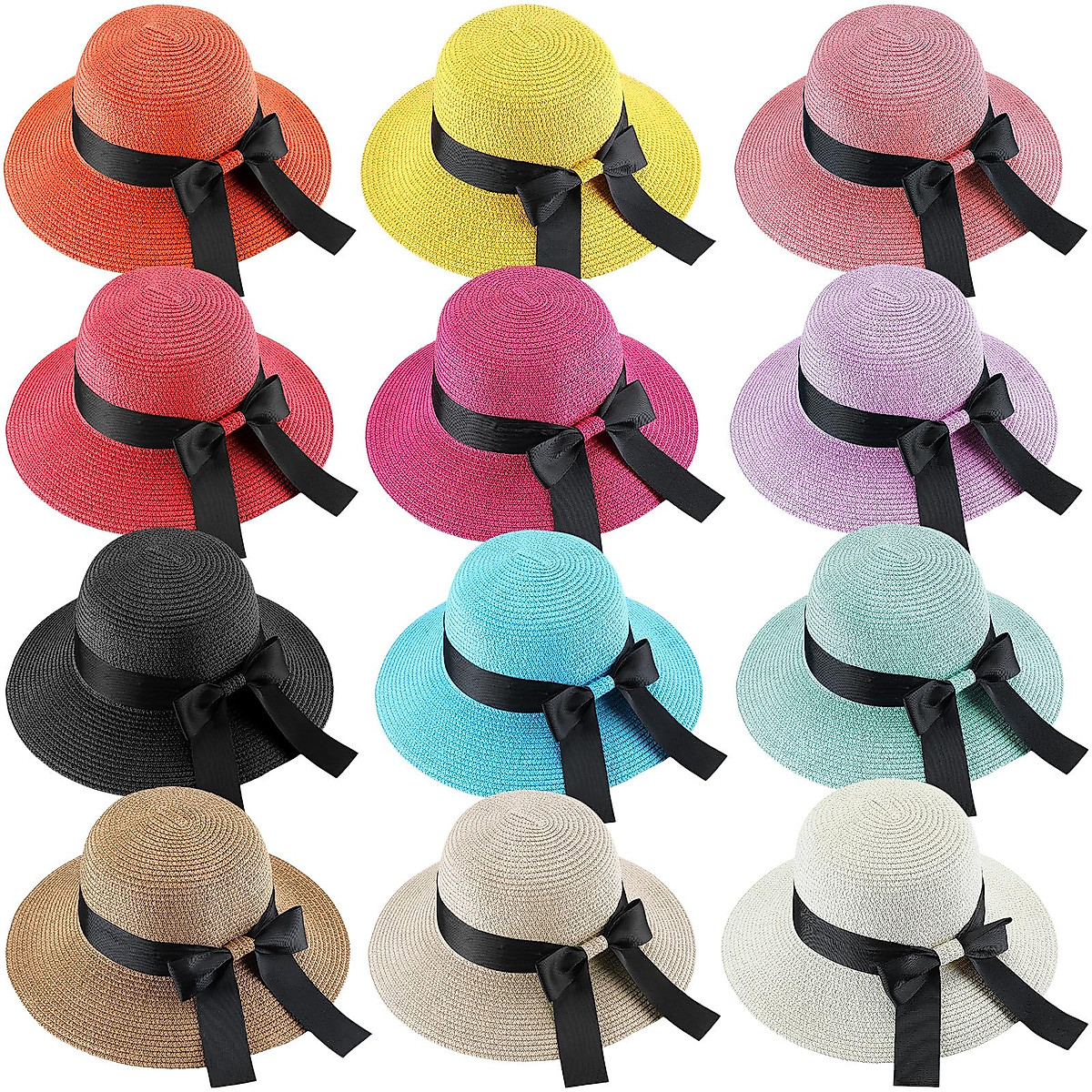 Pasimy 12 Pcs Women Straw Sun Hats with Bowknot Panama Wide Brim Roll up Hat for Women Girls Foldable Floppy Hat Summer Cap for Beach Travel Outdoor Pool Multicolor