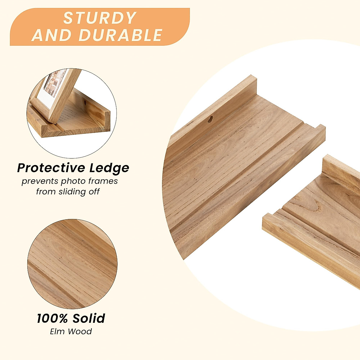 Picture Ledge Shelf - Solid Elm Wood Floating Shelves Set of 2 - Rustic Ledge Shelves for Toys Storage, Kids Bookshelf Wall Mounted for Bedroom, Living Room, Kitchen - 24 Inches - Natural Color