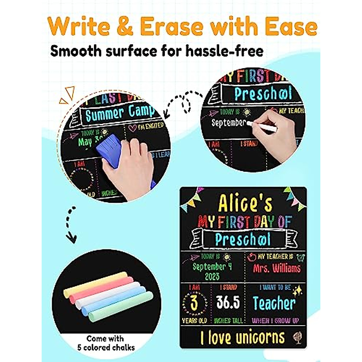 First & Last Day of School Chalkboard Sign (11x14 inches, Double-Sided), My Large Back to School Board, for Kids - Preschool, Kindergarten, 1st Grade Supplies