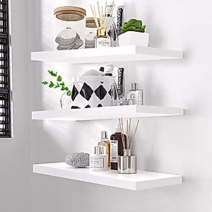 YARUKIMA White Floating Shelves Wall Mounted,Wood Wall Hanging Shelves,Wall Ledge Storage Shelf,Home Display Shelves with Invisible Brackets for Bedroom, Bathroom, Living Room,Kitchen,3 Pack.