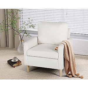 TYBOATLE Accent Chair, Mid-Century Modern Fabric Living Room Arm Chair, Furry Cozy Upholstered Armchair w/Side Pocket, Reading Lounging Side Chairs for Office, Apartment, Bedroom (Cream White)