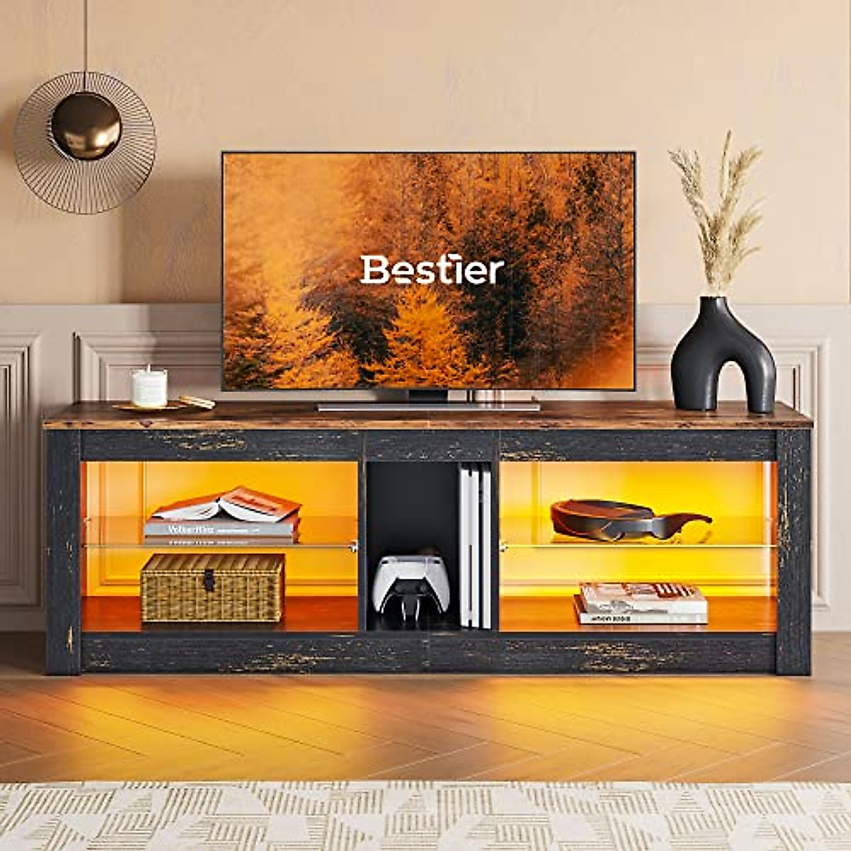 Bestier RGB TV Stand for 65+ Gaming Entertainment Center Gaming LED TV Media Console Table with 2 Glass Shelf PS Gaming TV Cabinet for Living Room, Golden Black
