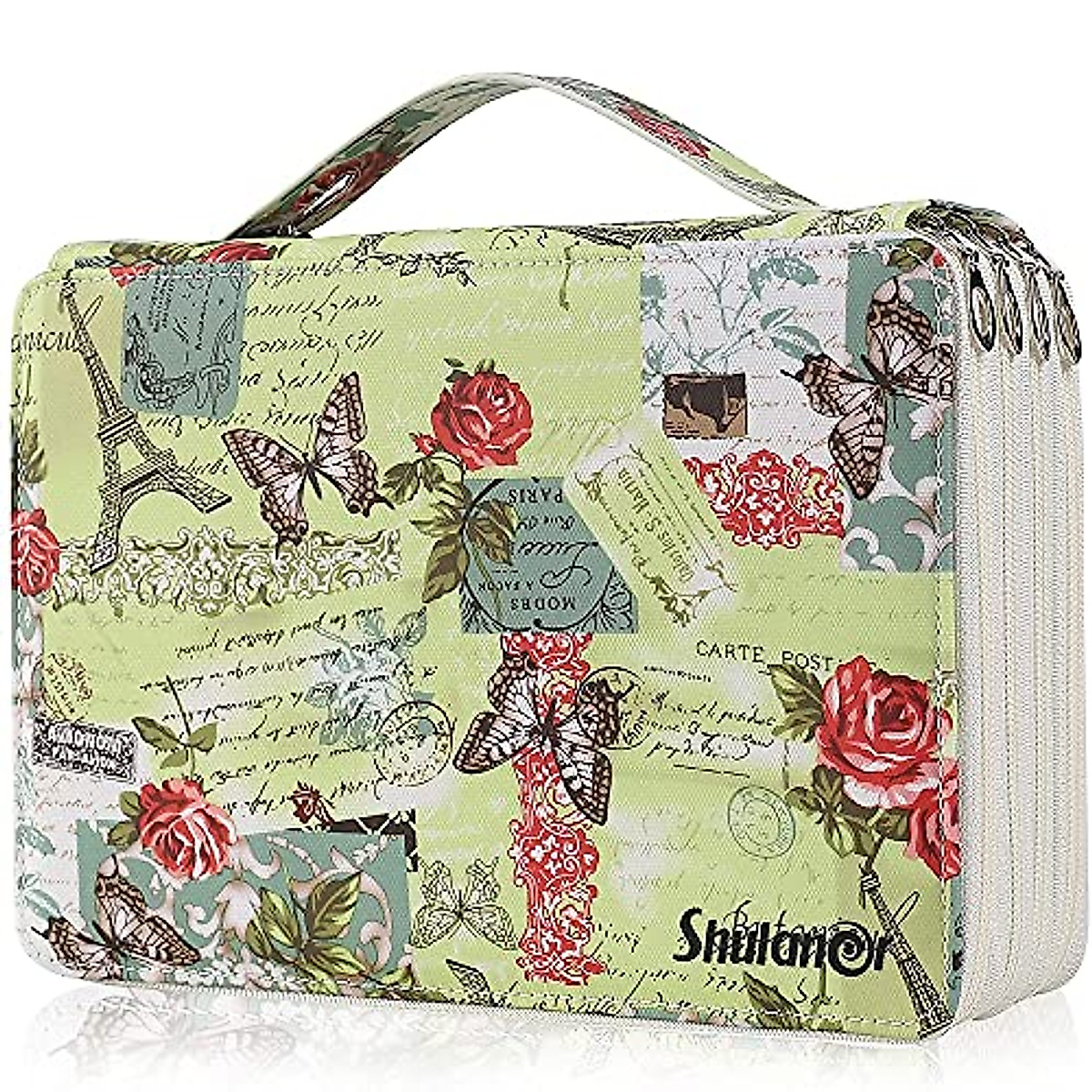 Shulaner 200 Slots Colored Pencil Case with Zipper Closure Large Capacity Butterflies and Rose Pattern Pencils Bag Waterproof Leather Pen Organizer Storage Holder for Artist