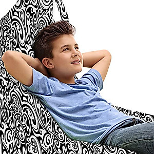 Lunarable Floral Lounger Chair Bag, Monochrome Polynesian Ethnic Swirly Flower Branches Vintage Curly Tribal, High Capacity Storage with Handle Container, Lounger Size, Charcoal Grey White