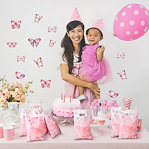 Teling 50 Pcs Butterfly Gift Bags Plastic Small Pink Butterfly Candy Bags Butterfly Birthday Goodie Bag with Die Cut Handle for Butterfly Theme Party Gift Wrapping Supplies Decor, 7 x 10 Inch