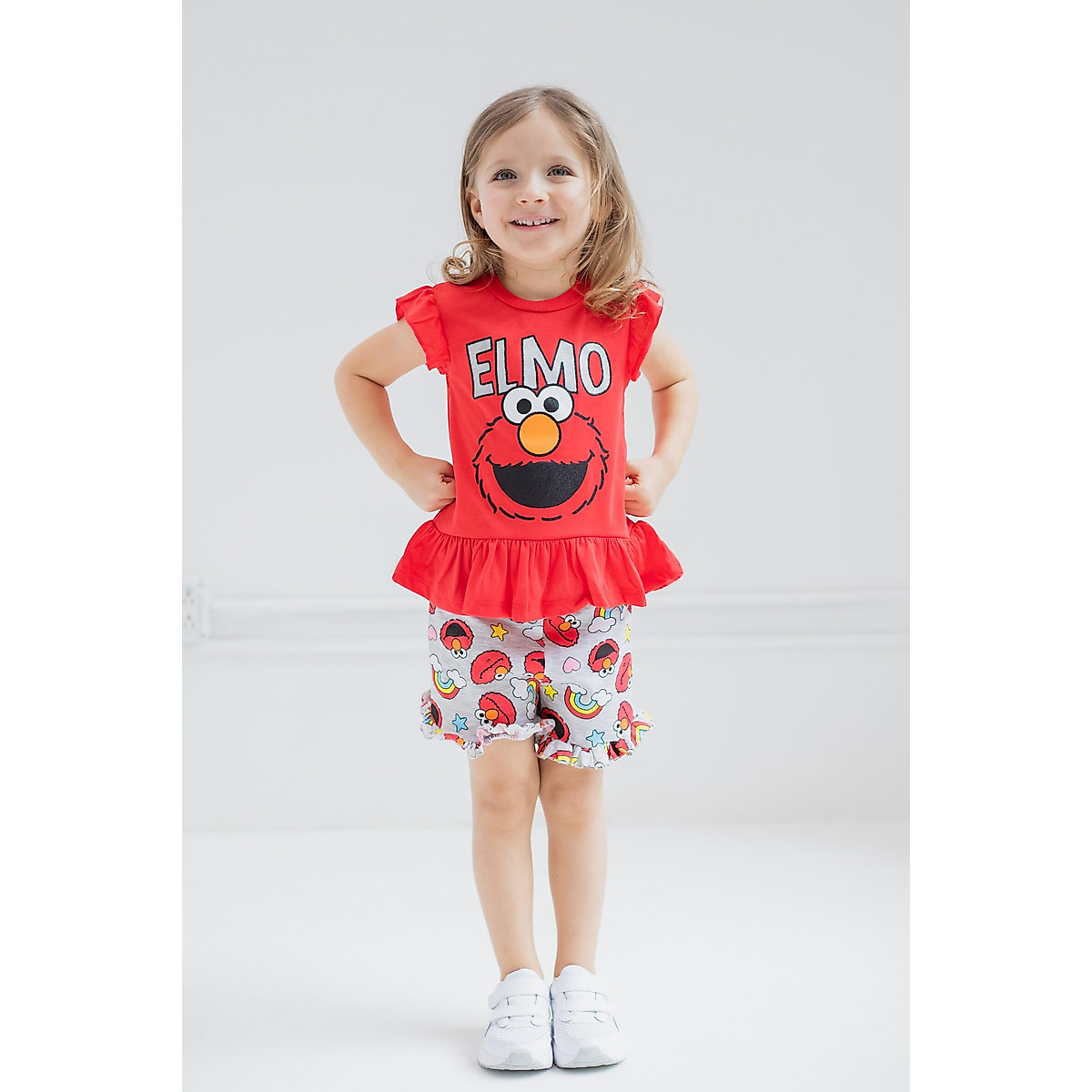 Sesame Street Elmo Toddler Girls T-Shirt and French Terry Shorts Outfit Set Red 2T