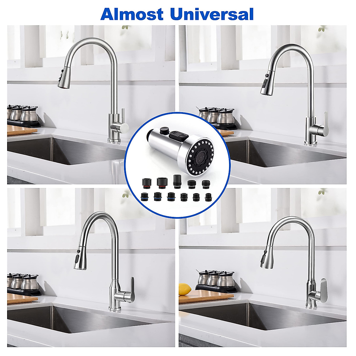 【UPDATED】Pull Down Kitchen Faucet Sprayer Head Replacement Part, 3 Function Pull Out Sink Sprayer Replacement Nozzle, Kitchen Faucet Head Hose Spray Tap Spout, Chrome