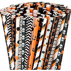 Shuiniba Halloween Paper Straws, Biodegradable Pumpkin Skull Striped Wavy Dot Paper Straws,Paper Drinking Straws for Party, Events and Crafts,Baby Shower Decorations 7.75 Inches,100 Packs - Mix Style